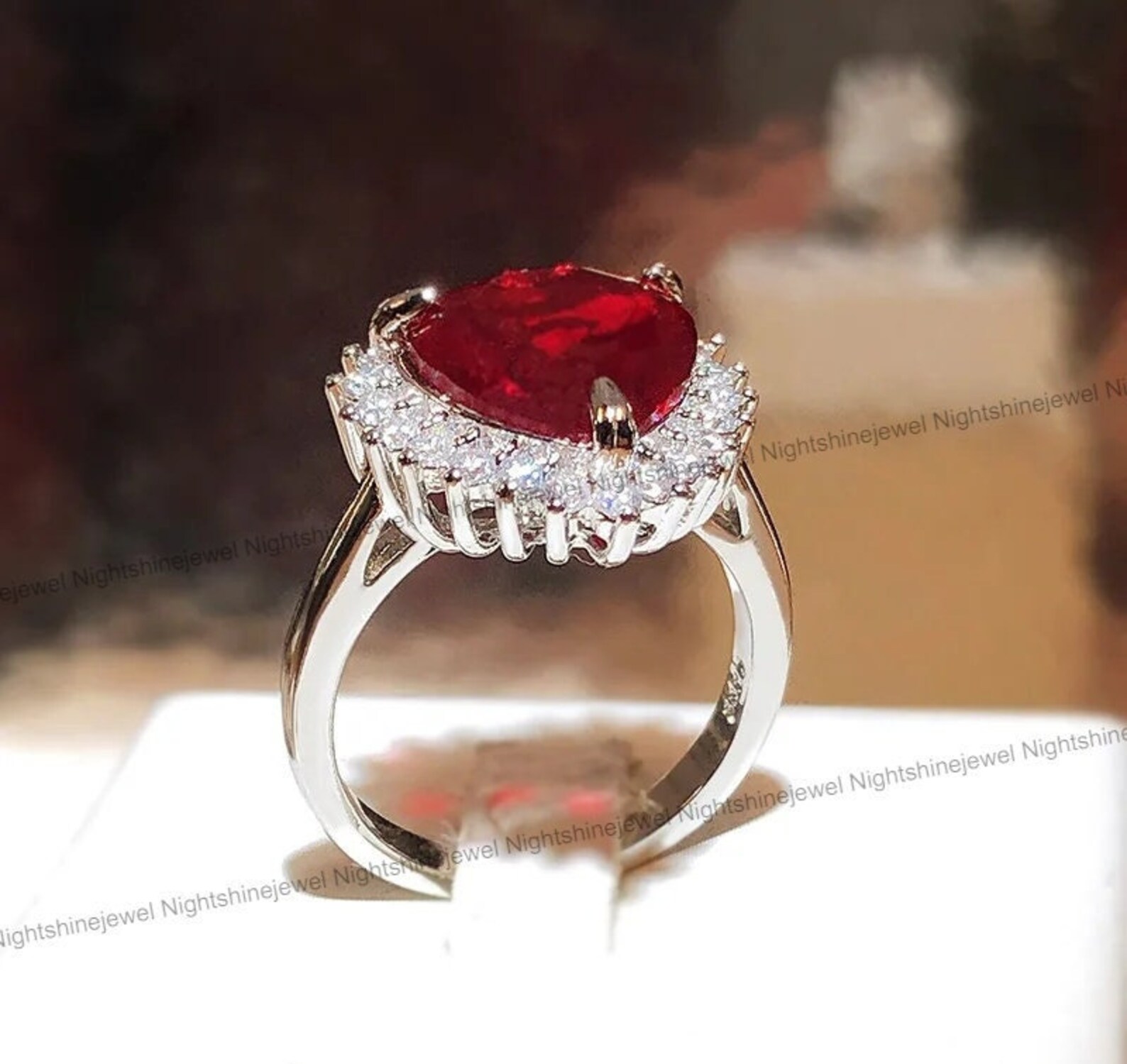 Heart Shaped Designer Wedding Ring, Engagement Ring, 1.8 Ct Red Ruby Gemstone Ring, 14K White ...