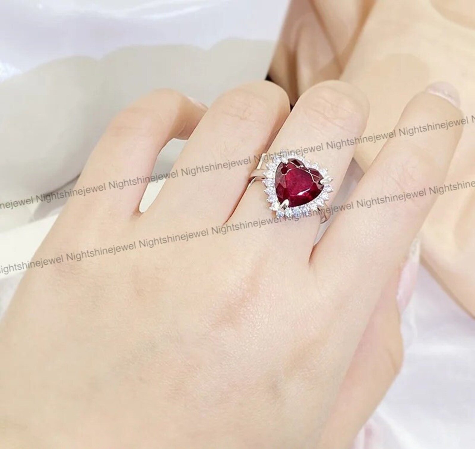 Heart Shaped Designer Wedding Ring, Engagement Ring, 1.8 Ct Red Ruby Gemstone Ring, 14K White ...