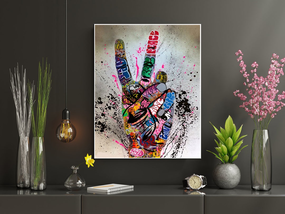 Banksy Wall Art, Famous Graffiti Victory Sign, Colorful Victory ...