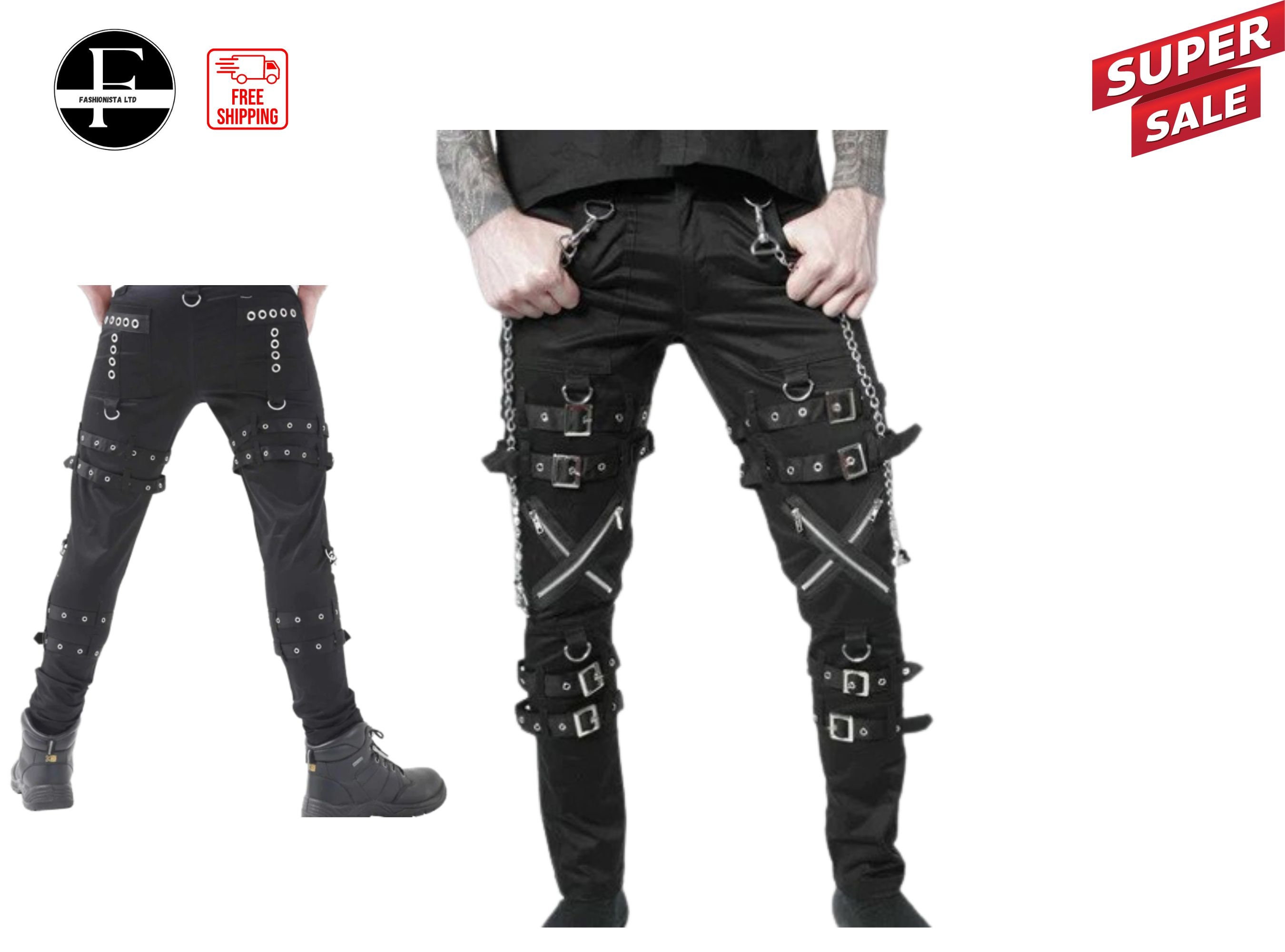 Men's Gothic Pant Dead Threads Buckle Zips Chain Strap Black Cyber Punk ...