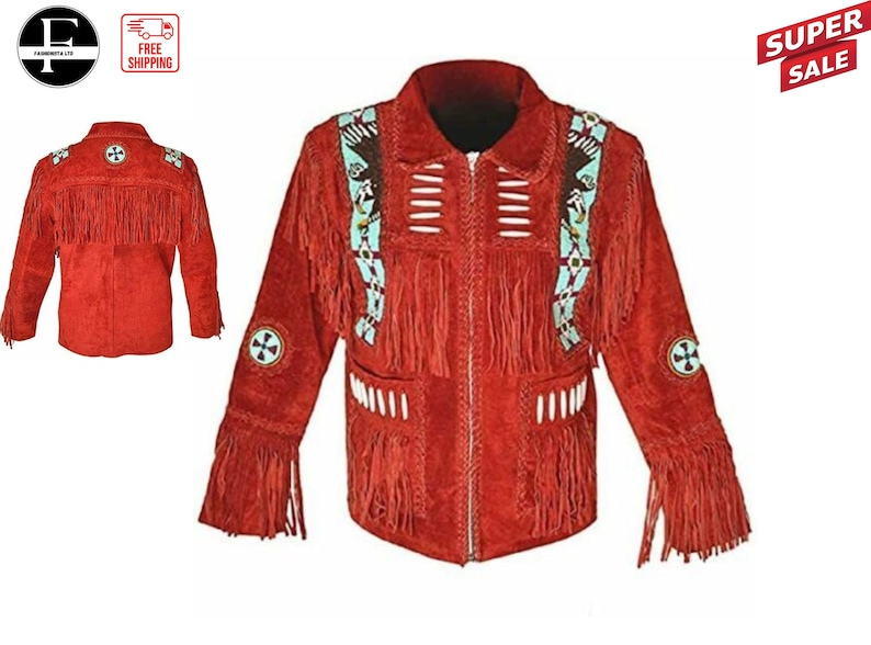 Men's Red Suede Western Cowboy Leather Jacket With Fringe & Beaded L ...