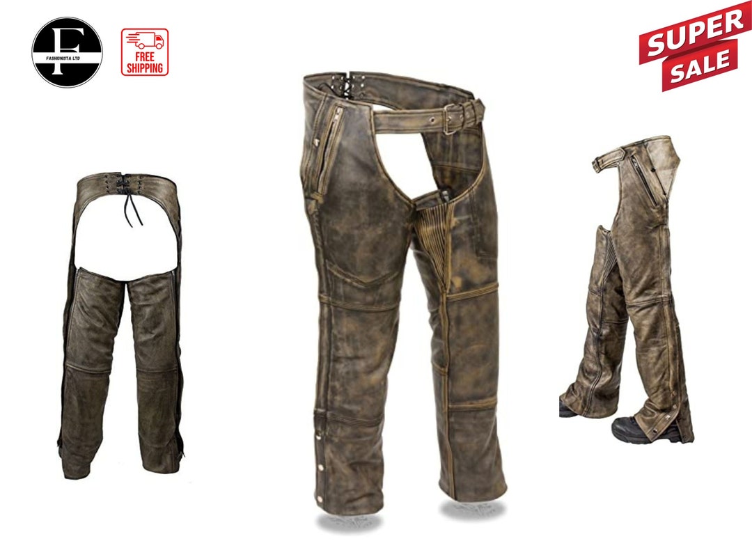 Men's Distressed Brown Riding Biker Chaps Motorcycle Leather Chaps ...