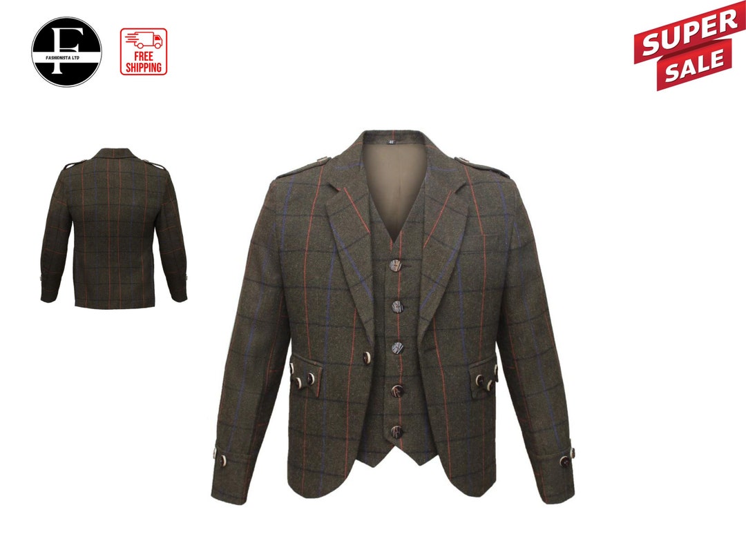 Scottish Men's Argyle Kilt Jacket Brown Highland Wedding Kilt Jacket ...