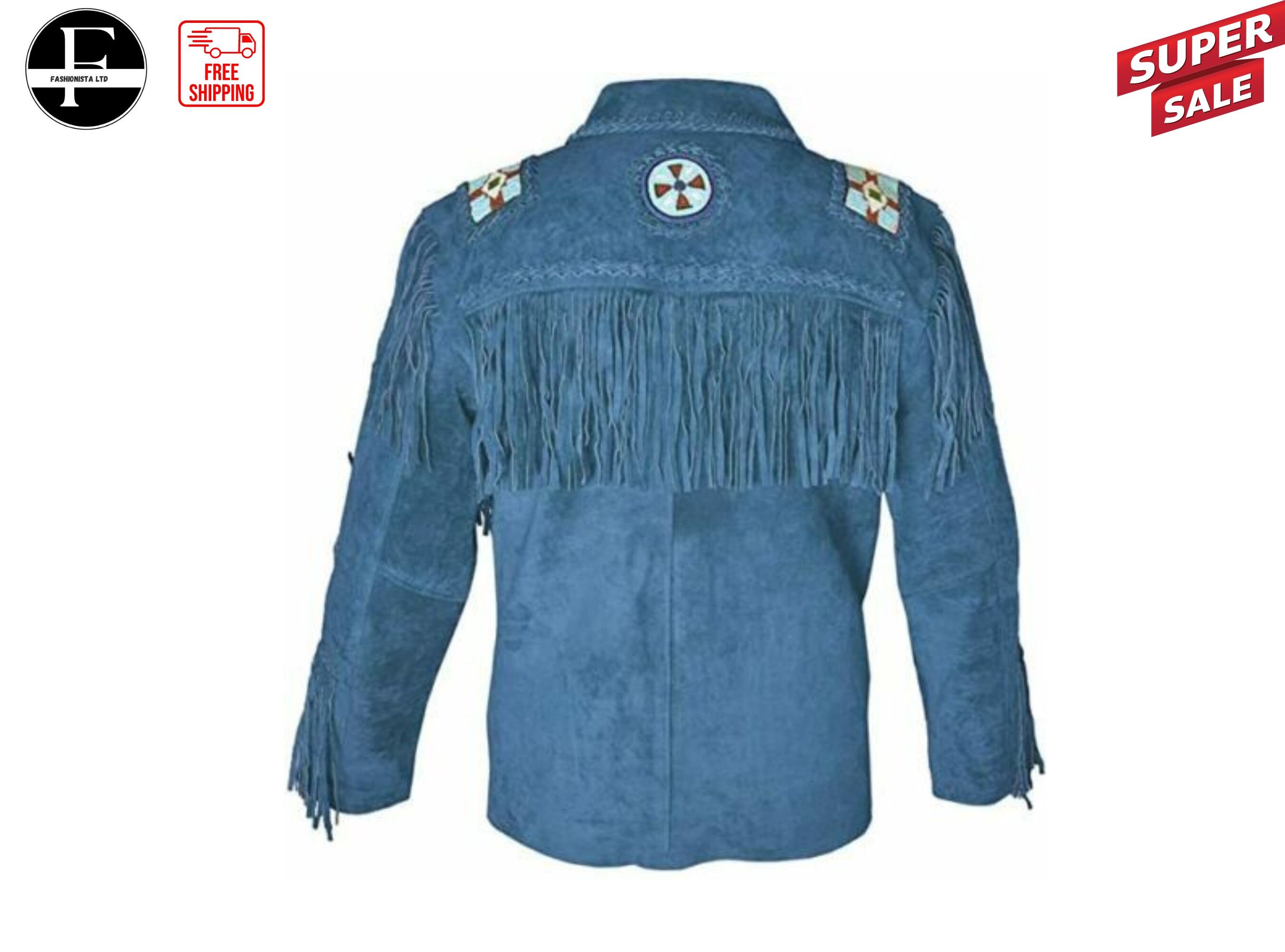 Men's Blue Suede Western Cowboy Leather Jacket With Fringe & Beaded ...