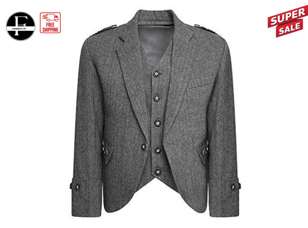 Scottish Men's Traditional Heather Grey Argyle Kilt Jacket With 5 ...