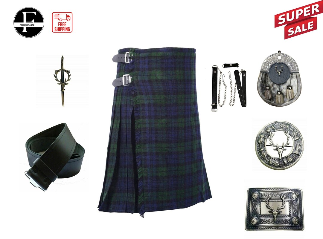 Scottish Men's Stag Head Kilt Set | Traditional Highland 5 Yard Kilt ...