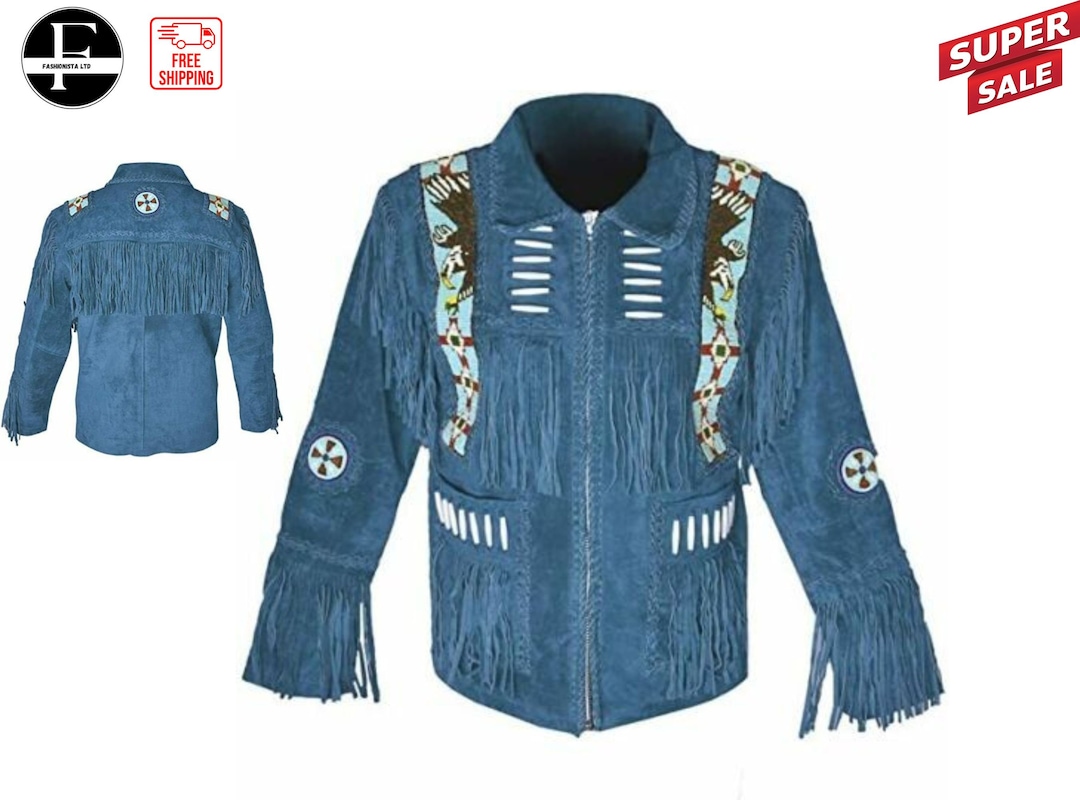 Men's Blue Suede Western Cowboy Leather Jacket With Fringe & Beaded ...
