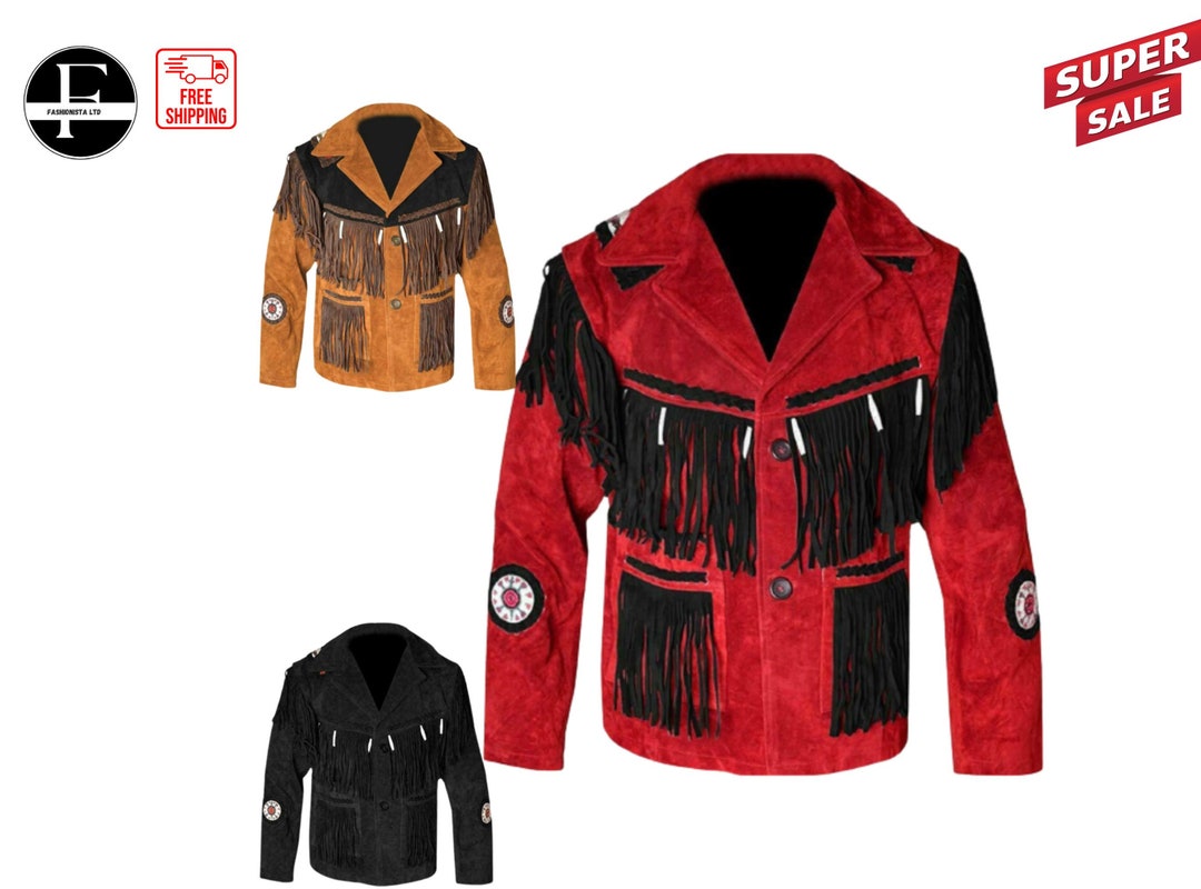 Men’s Fringe Vintage Style Cowboy Leather Stud Beaded Western Jacket ...