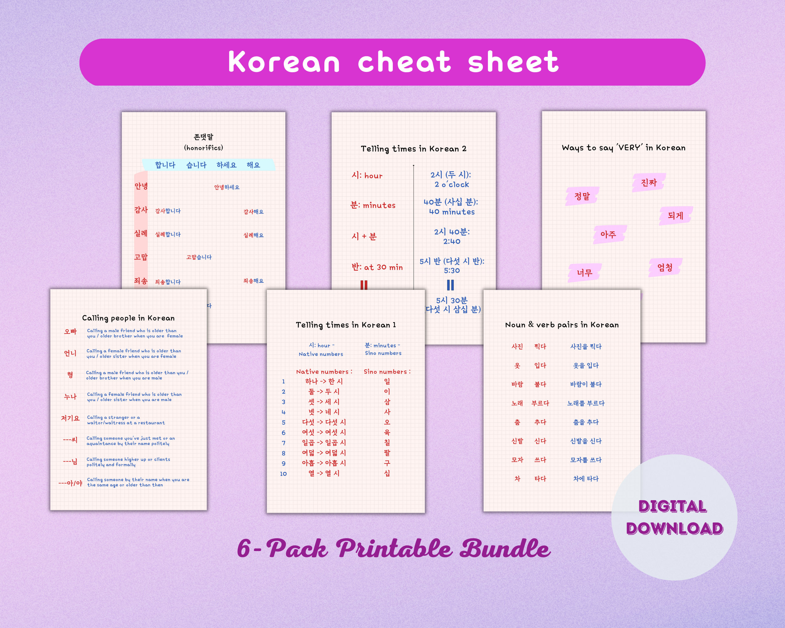Korean Cheat Sheet Useful Korean Language Korean Time in Korean Honorifics Learn Korean Template ...