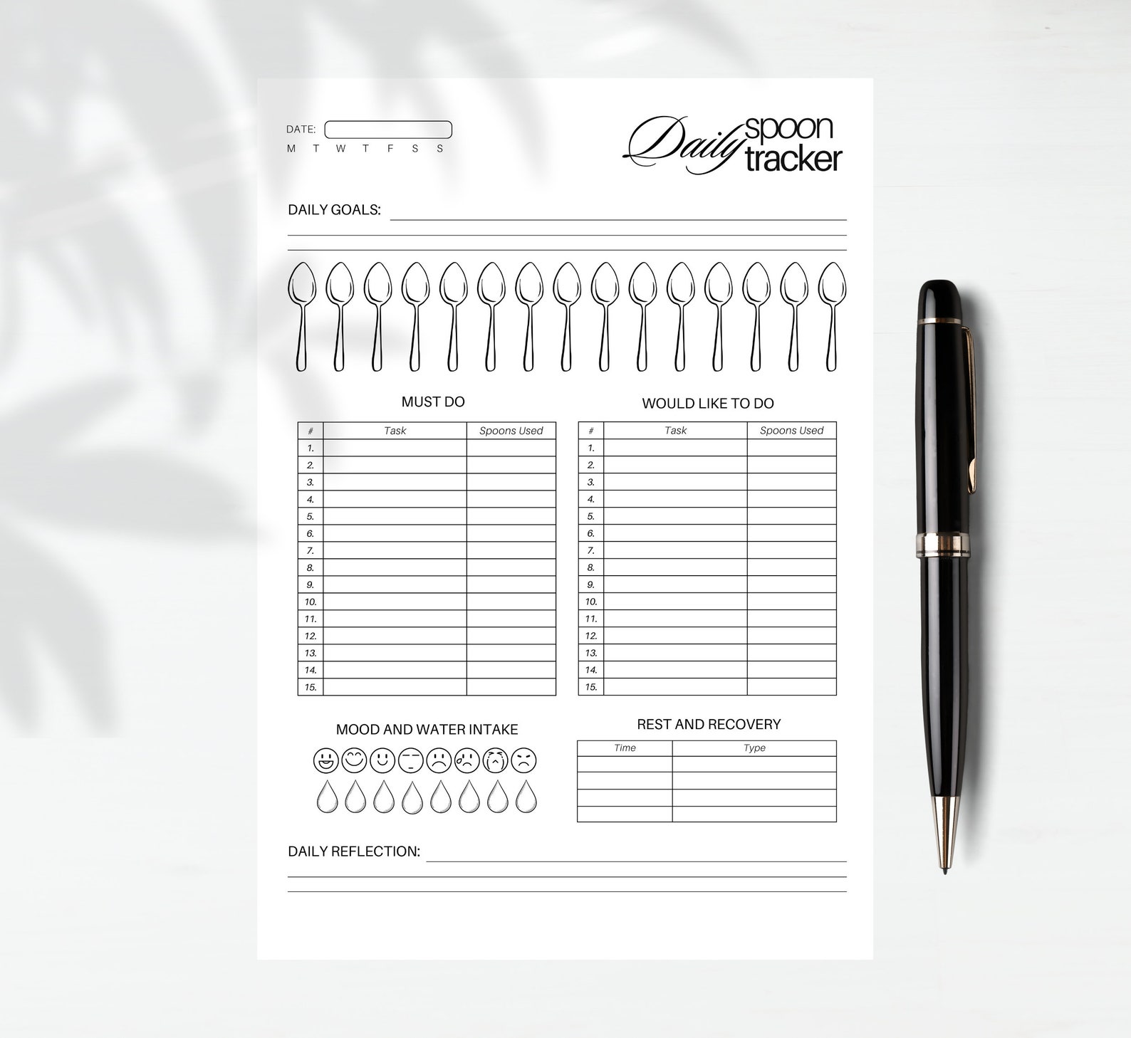 Daily Spoon Tracker, Spoon Theory Journal, Spoonie Diary, Fatigue ...