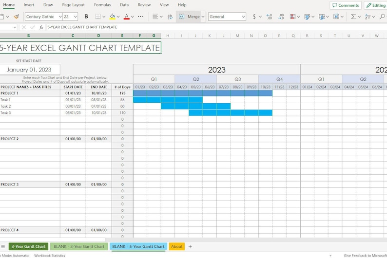 3-year and 5-year Gantt Chart Excel Template Project Tasks - Etsy