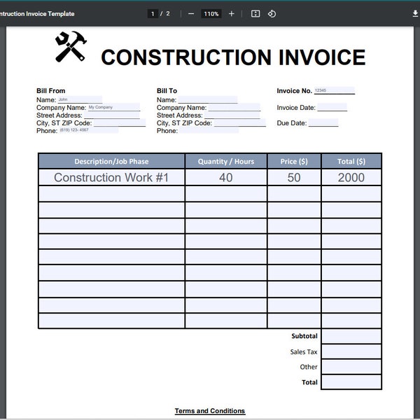 Construction Invoice - Etsy