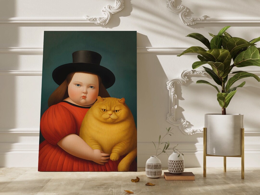 Niña con gato gruñón Arte en lienzo de Botero / Arte mural de Fernando ...