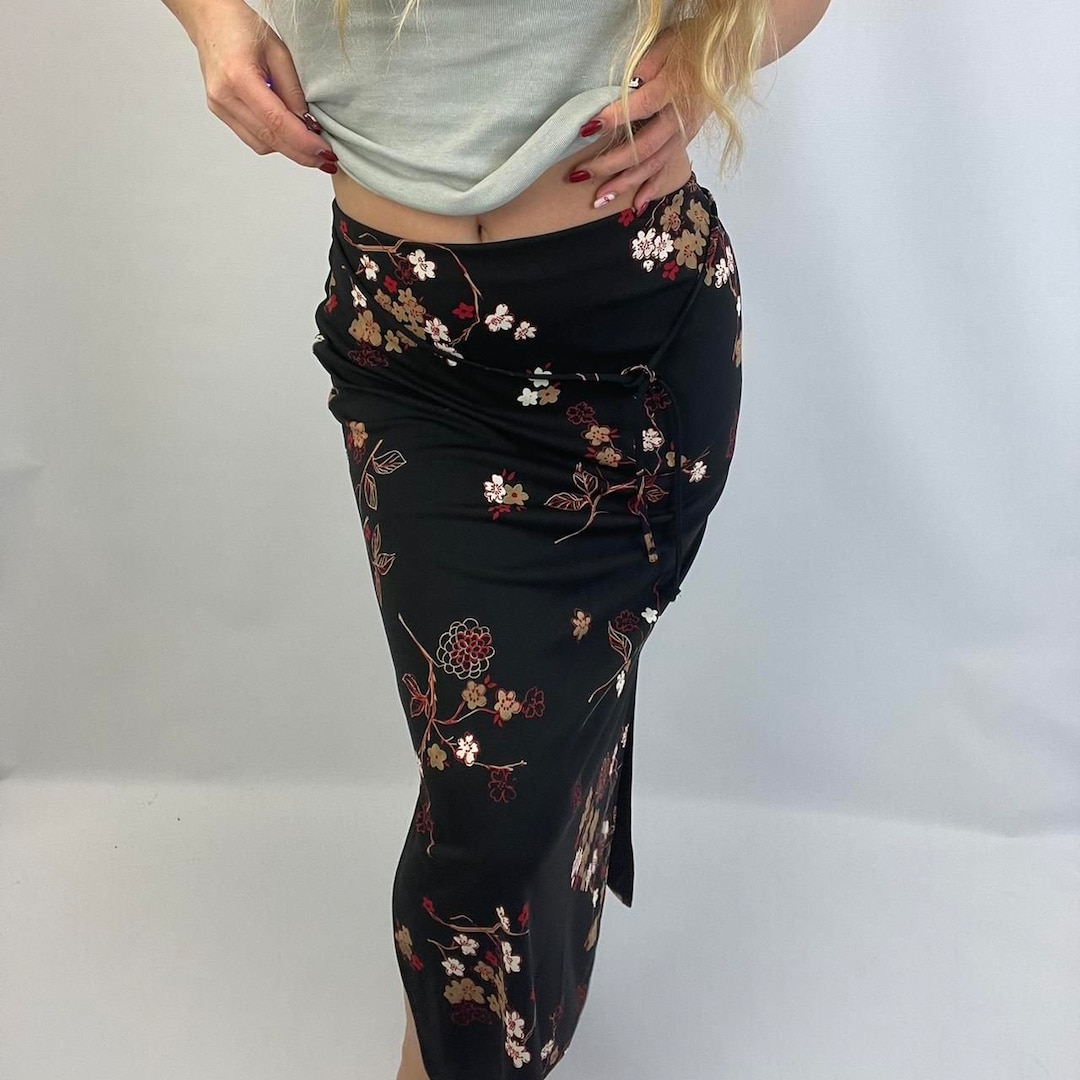 Vintage Black Maxi Skirt 90s Maxi Flower Skirt Tie Front Y2k Boho ...