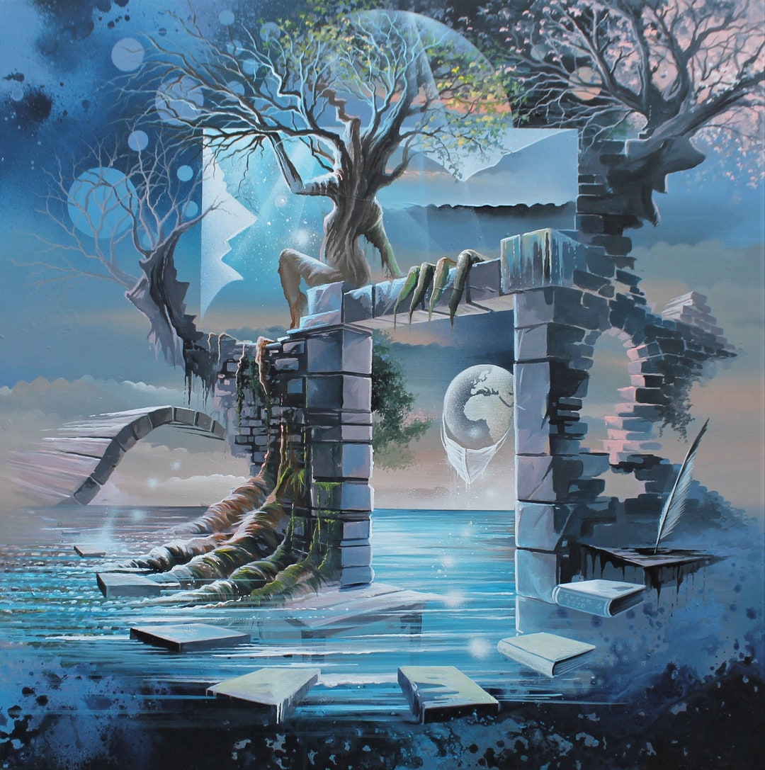 Surrealist Painting, Blue Painting, Living Room Decoration, Office, but ...