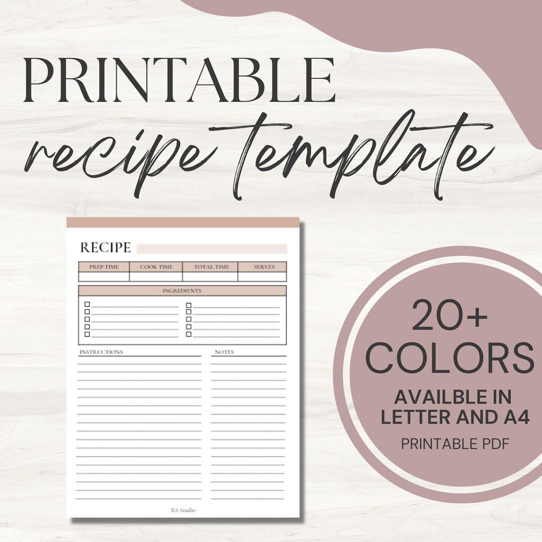 Printable Recipe Template | Recipe Kit | Cookbook Instant Download | - Etsy