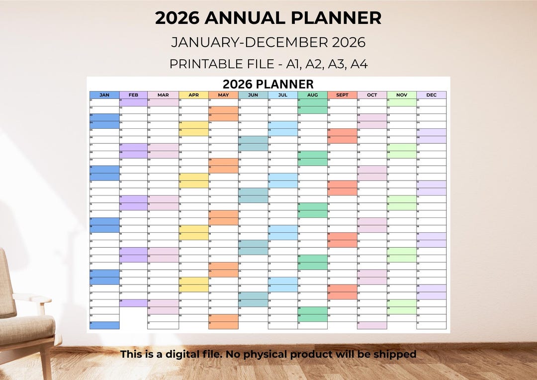 Printable 2026 Annual Wall Planner, A1 Printable 2026 Landscape Planner ...