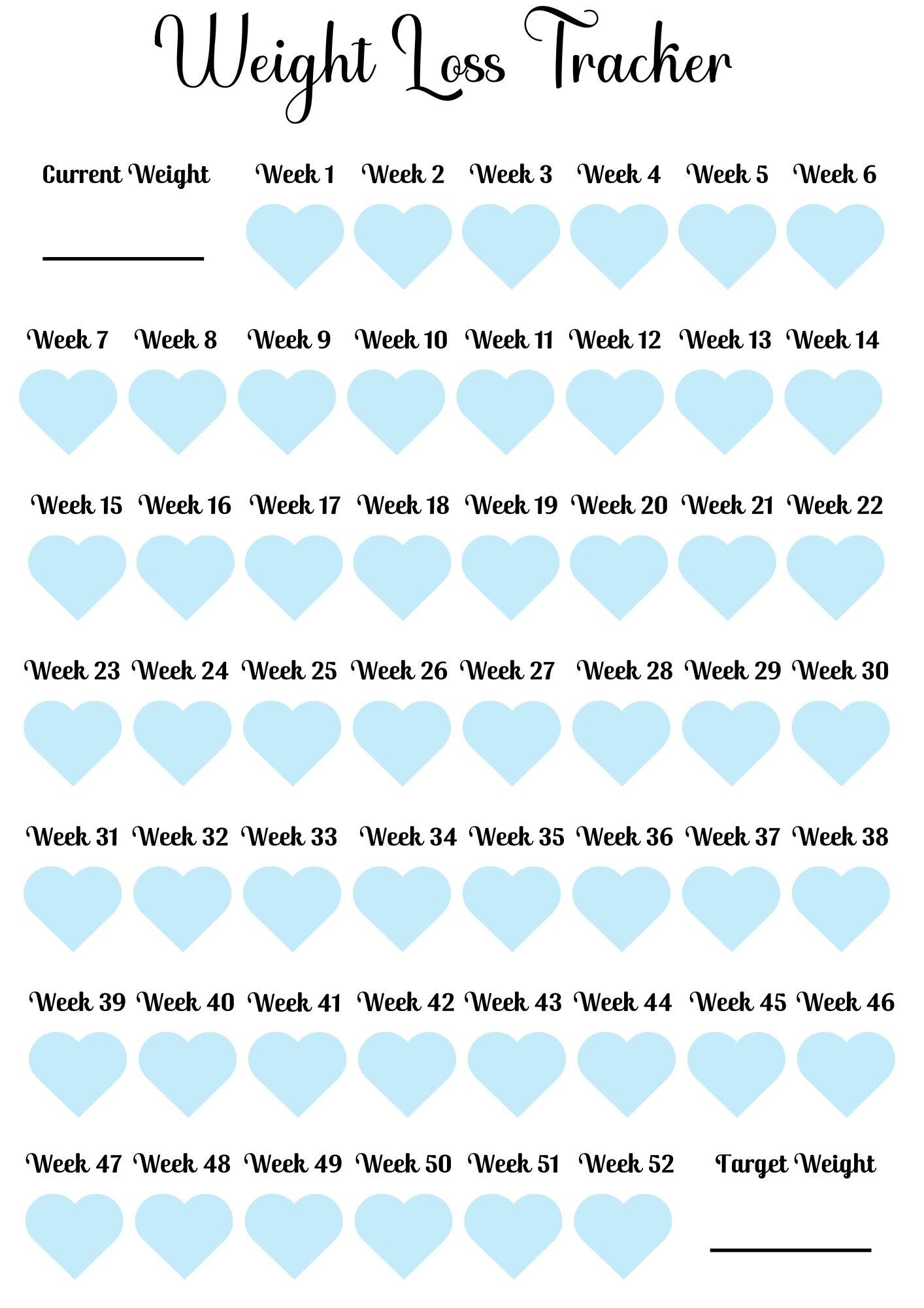 Printable Weight Loss Tracker, A4 52 Week Weight Loss Chart Printable ...