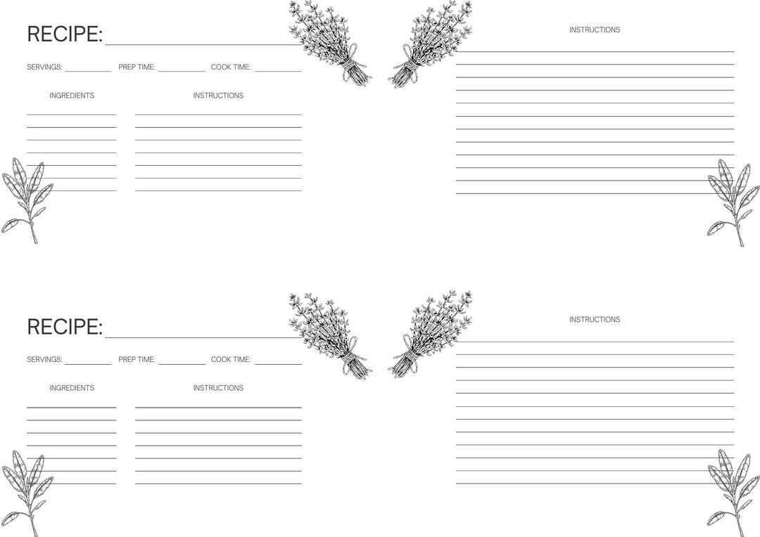 Minimalist Printable Recipe Card Bundle Gift for Cook, Monochrome Herb ...