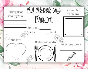 Mother’s Day Printable, All About My Mum, Mother’s Day Gift, Card for ...