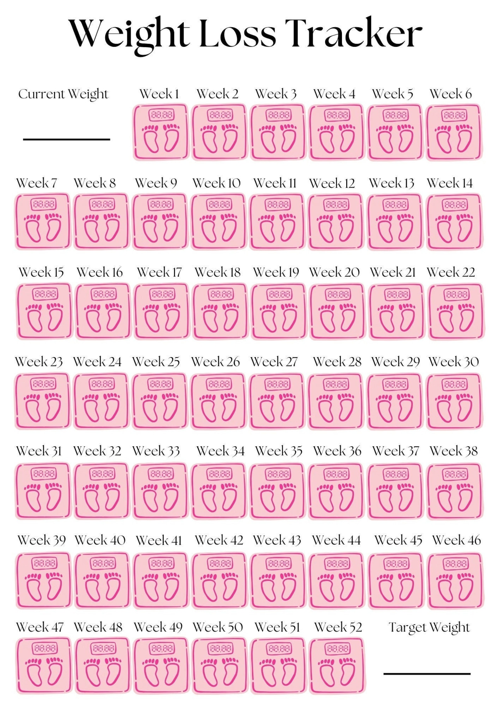 Printable 52 Week Weight Loss Tracker, A4 Weight Loss Chart Printable ...