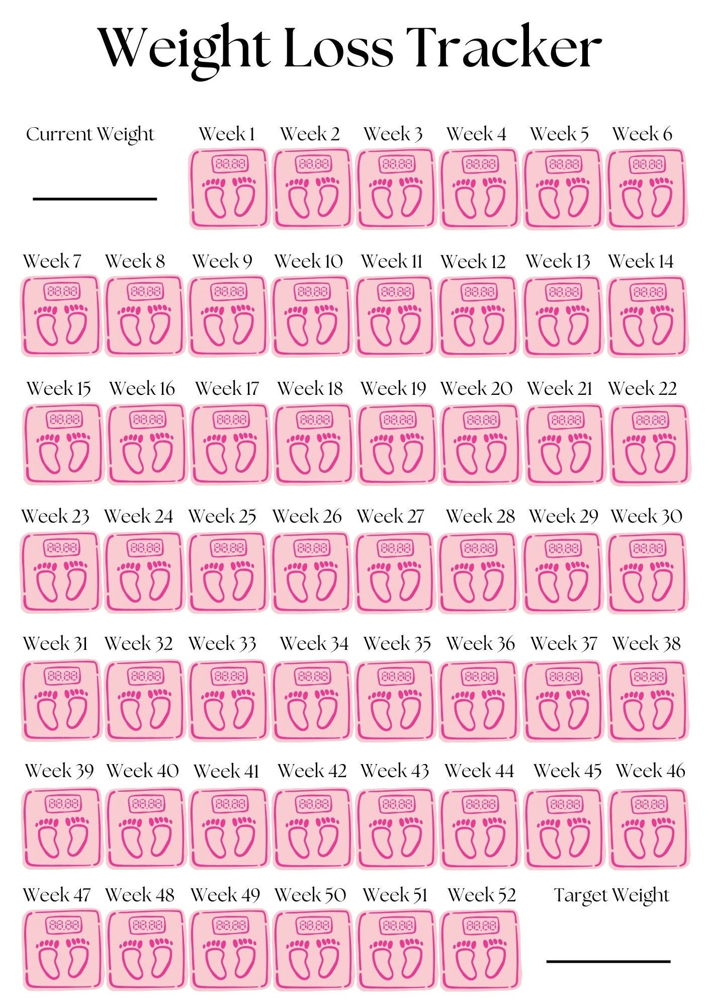 Printable 52 Week Weight Loss Tracker, A4 Weight Loss Chart Printable ...