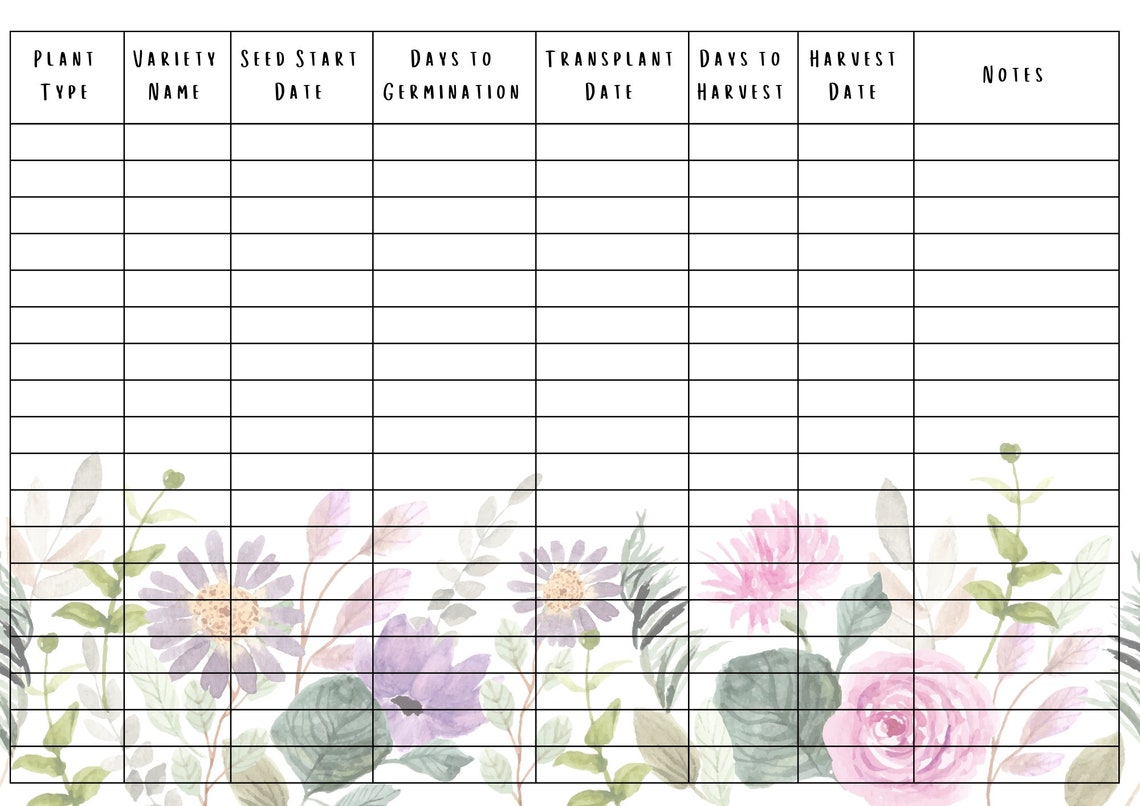 Floral Digital Seed Tracker, Printable Seed Sowing Sheet, Printable ...