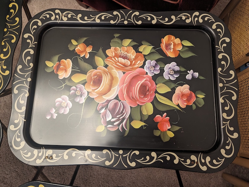 Vintage Metal TV Trays With Stands Set of 5 Black With Colorful Tole ...