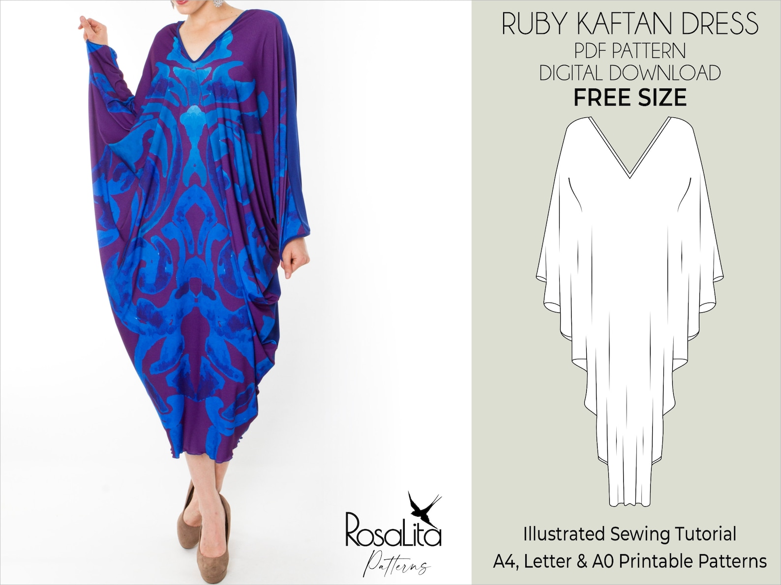 Ruby Kaftan Dress Digital PDF Sewing Pattern With Tutorial free-size ...