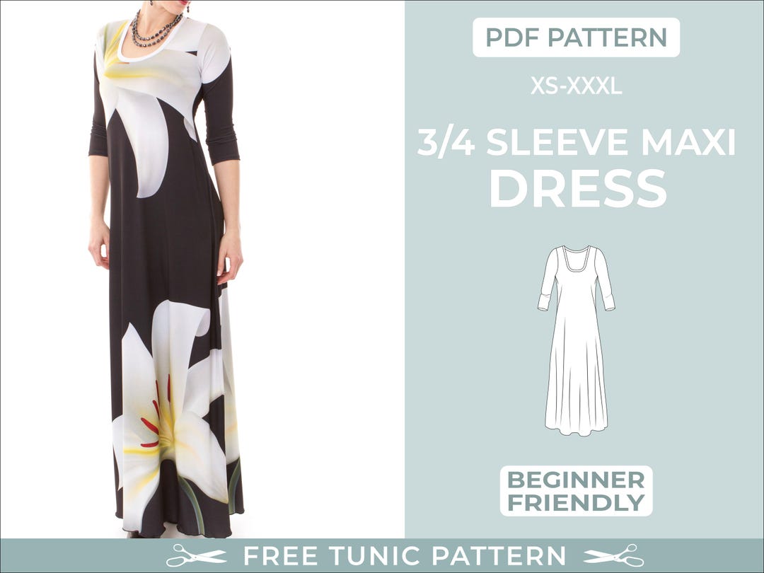 3/4 Sleeve Maxi Dress Pattern - Beginner-friendly PDF Sewing Pattern. A ...