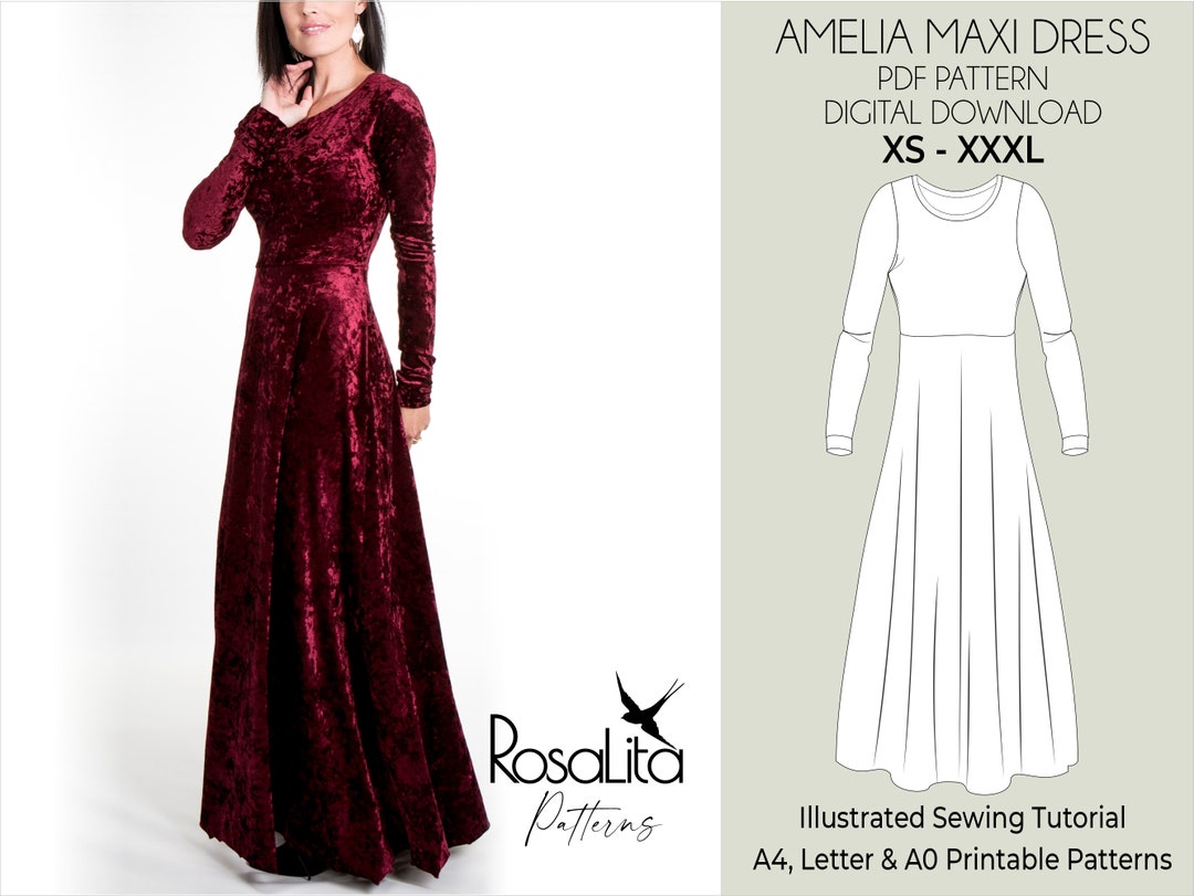 Modèle de robe longue Amelia. Patron de couture PDF numérique avec ...
