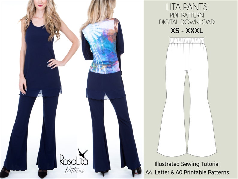 Lita Flare Pants Digital PDF Sewing Pattern With Tutorial XS-XXXL Easy ...