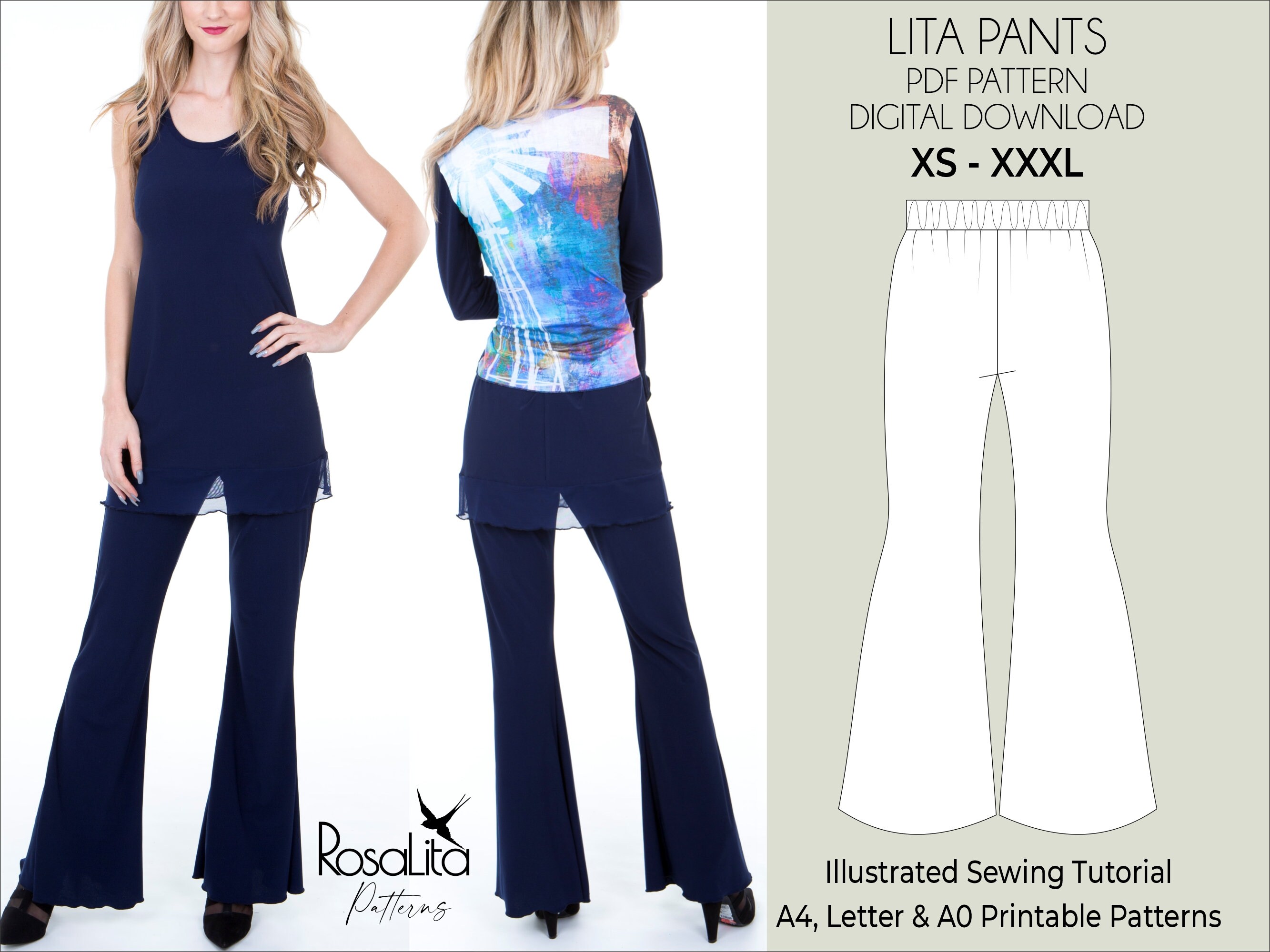 Lita Flare Pants Digital PDF Sewing Pattern With Tutorial XS-XXXL Easy ...