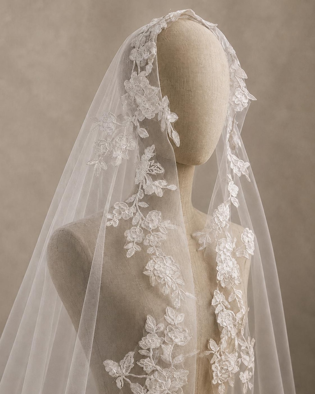 Floral Lace Bridal Veil With Blusher Included, Soft Tulle Wedding Veil ...