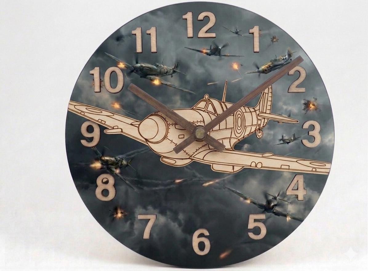 WW2 Spitfire 3D Wood Wall Clock – Multi-layered Aviation Decor, Battle ...