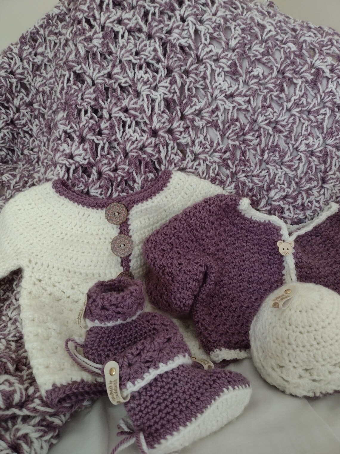 Handmade Dusky Pink and Cream Crochet Baby Gift Set, Shawl and Clothes ...