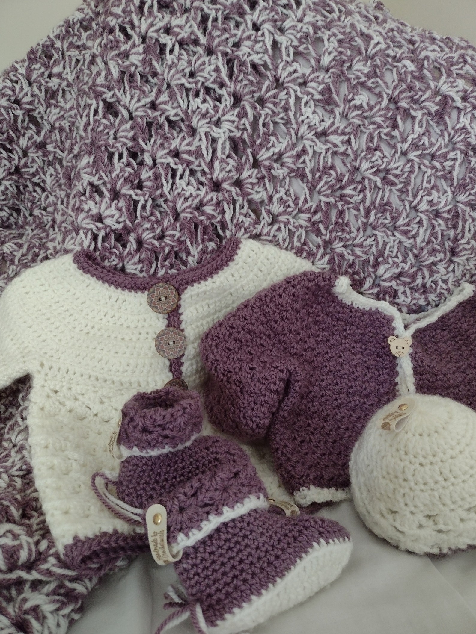 Handmade Dusky Pink and Cream Crochet Baby Gift Set, Shawl and Clothes ...