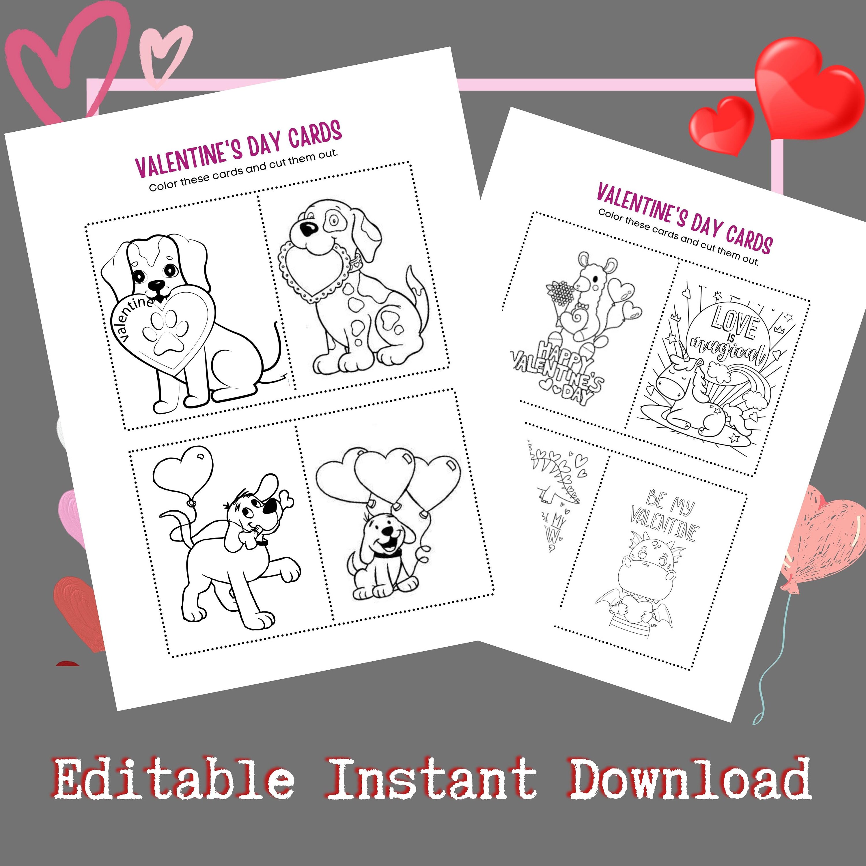 Valentines Printable Coloring Cards INSTANT DOWNLOAD Set of 8 ...