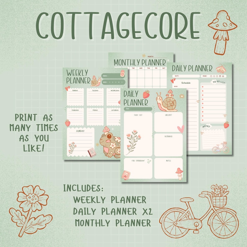 Printable Cottagecore Planner Set | Cute Frog & Snail Aesthetic | Daily ...