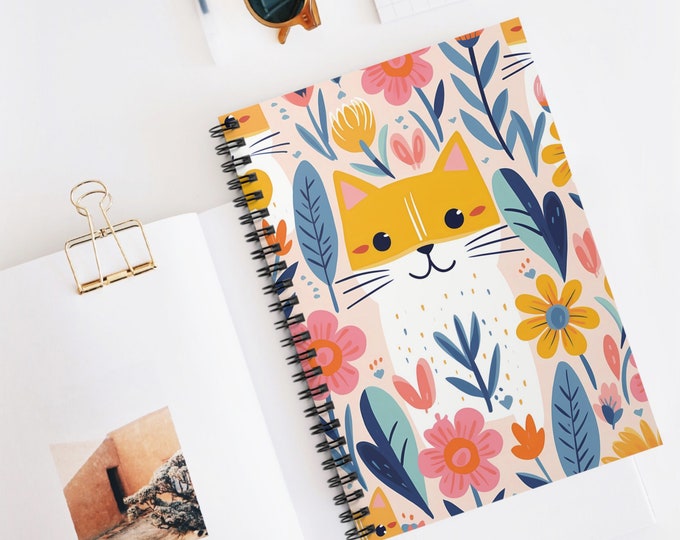 Flowers Bloom Cat Spiral Notebook, Floral Cute Cat Notebook Journal ...