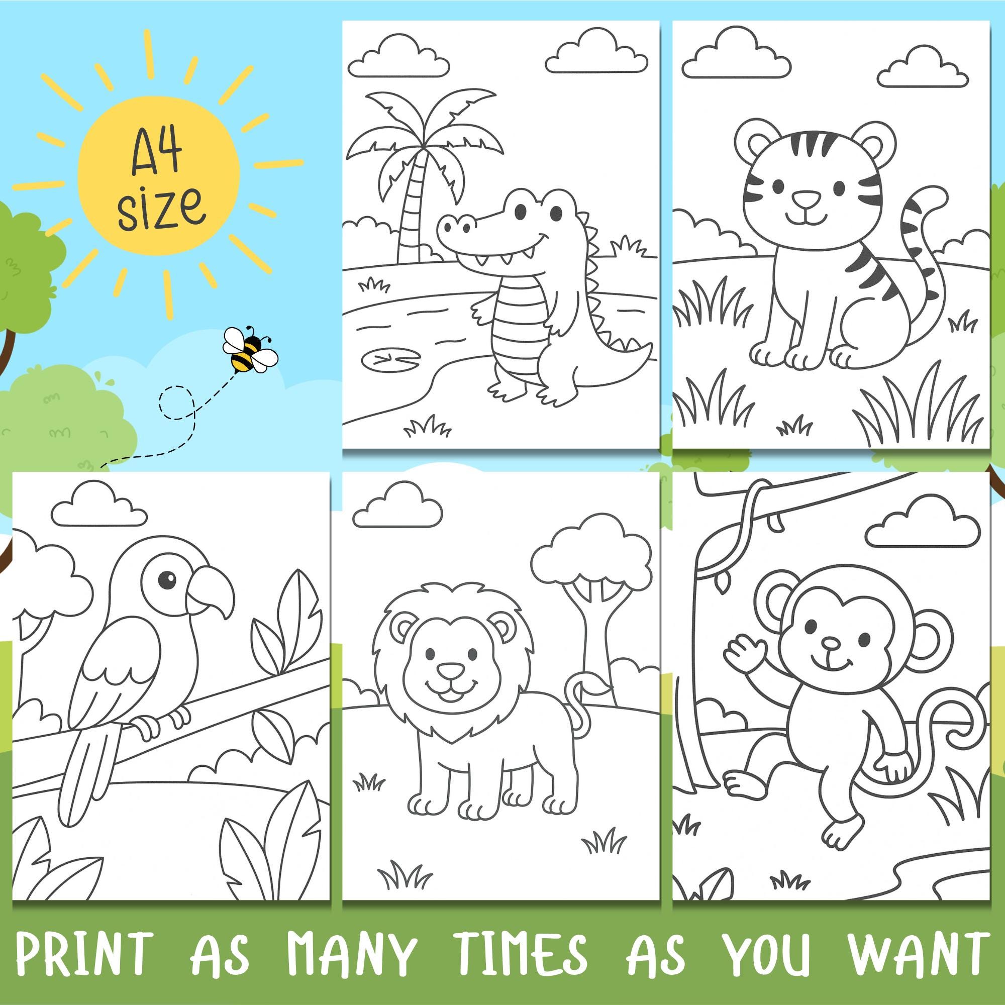 Jungle Animal Coloring Pages for Kids – Toddler Coloring Sheets, Jungle ...