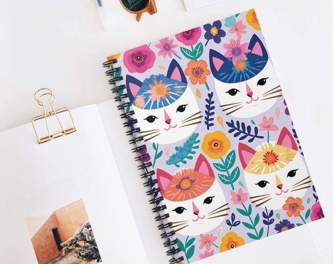 Flowers Bloom Cat Spiral Notebook, Floral Cute Cat Notebook Journal ...
