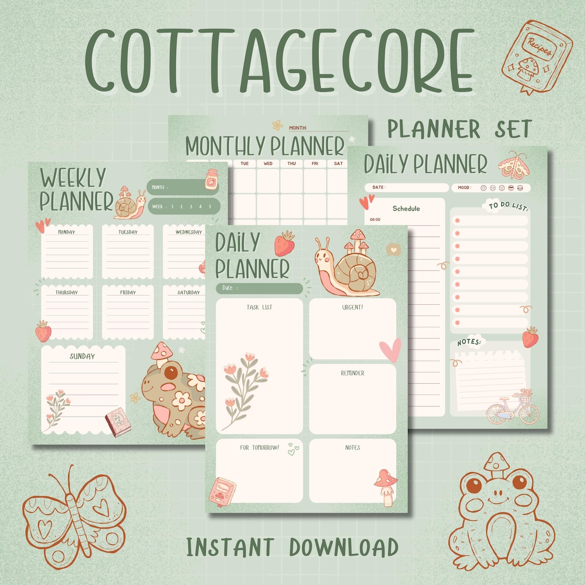 Printable Cottagecore Planner Set | Cute Frog & Snail Aesthetic | Daily ...