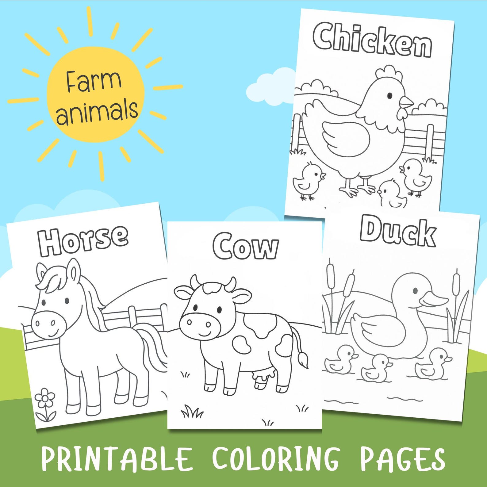 Farm Animal Coloring Pages for Kids – Toddler Coloring Sheets, Farm ...