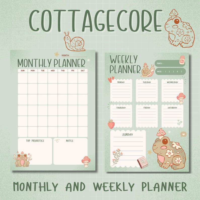 Printable Cottagecore Planner Set | Cute Frog & Snail Aesthetic | Daily ...