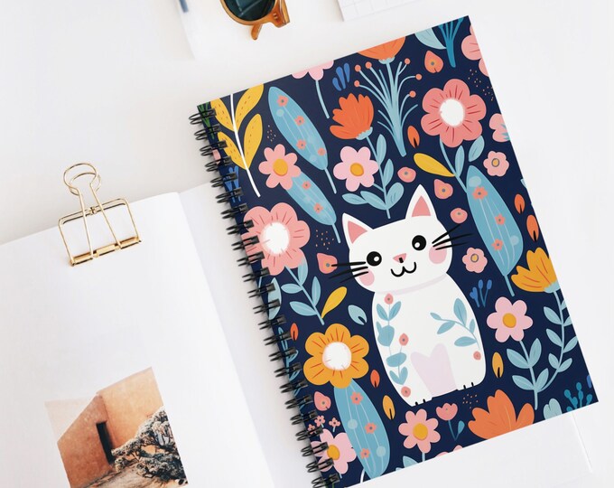 Flowers Bloom Cat Spiral Notebook, Floral Cute Cat Notebook Journal ...