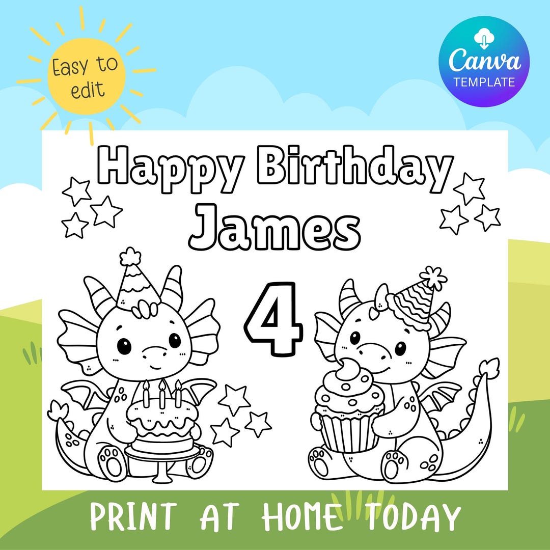 Editable Dragon Birthday Coloring Page – Dragon Party Favor, Dragon ...