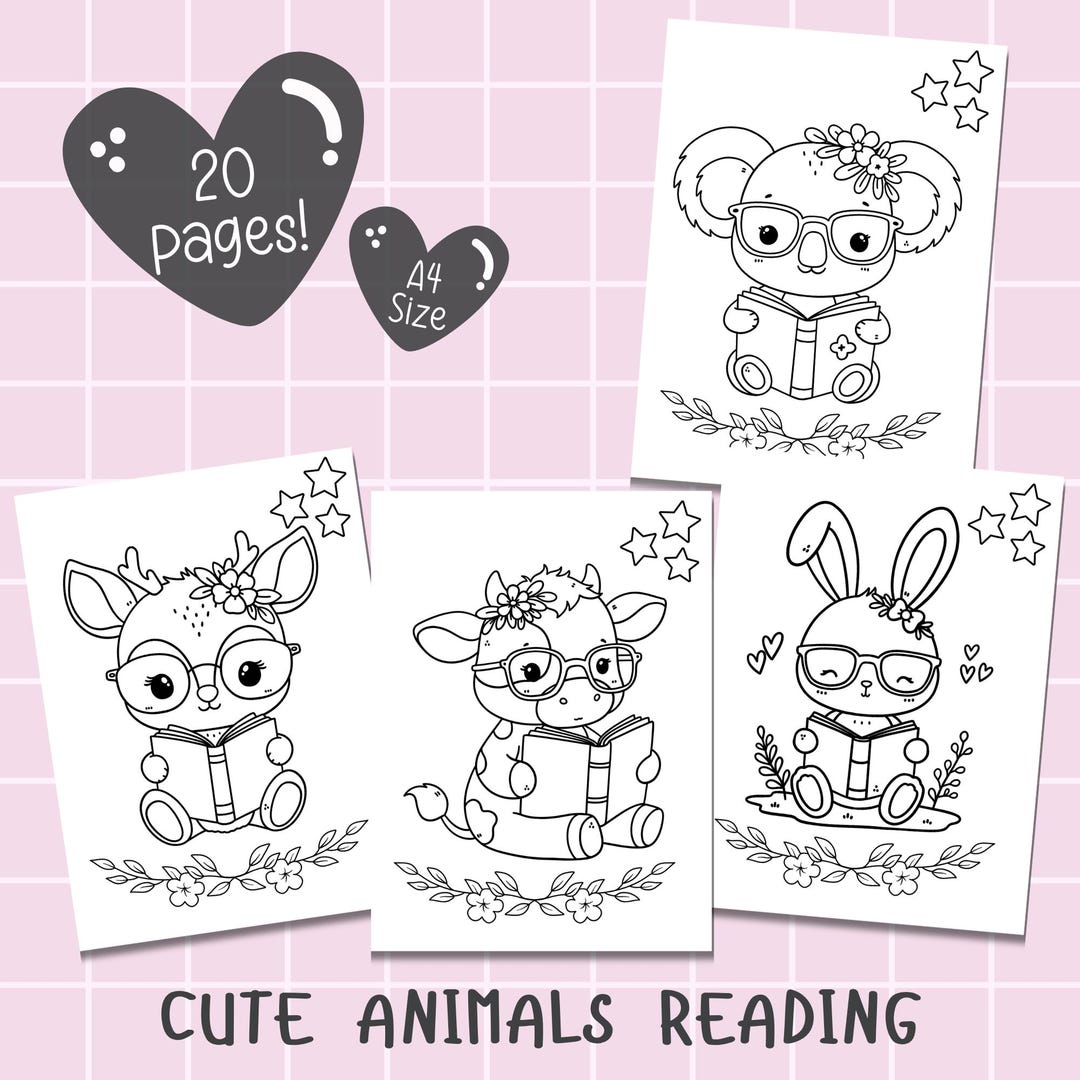Cute Animals Reading Coloring Pages – Toddler Coloring Activity ...