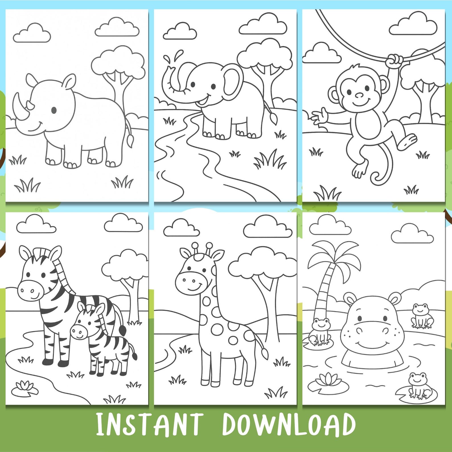 Jungle Animal Coloring Pages for Kids – Toddler Coloring Sheets, Jungle ...
