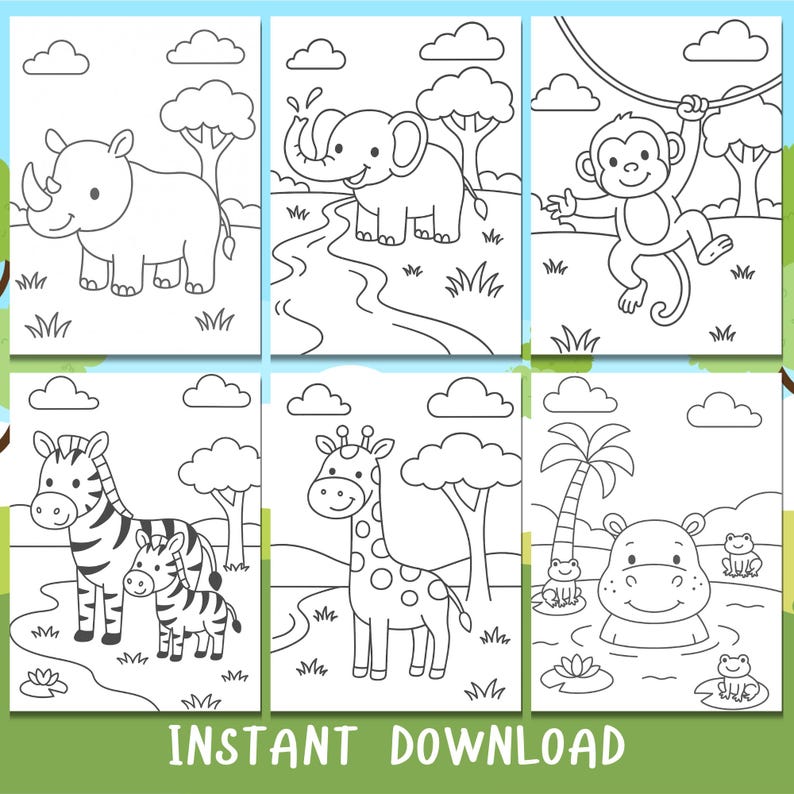 Jungle Animal Coloring Pages for Kids – Toddler Coloring Sheets, Jungle ...